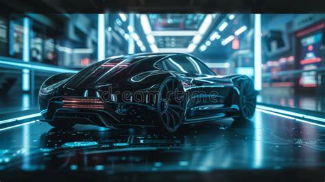 Futuristic Digital Car In A Virtual Realm With Holographic Maps And Advanced Tech Features Stock