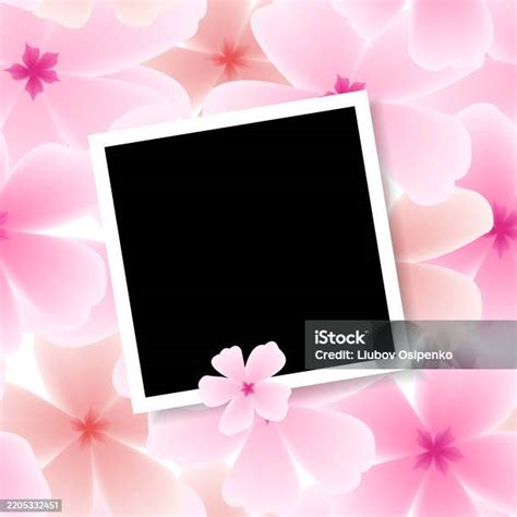 스크랩북을 위한 사실적인 사진 프레임 모형으로 벚꽃으로 장식된 그림자와 배경이 특징입니다 봄 테마 벡터 일러스트 레이 션 0명에 대한 스톡 벡터 아트 및 기타 이미지