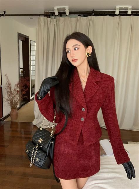 격자무늬 코트 미니스커트 셋업