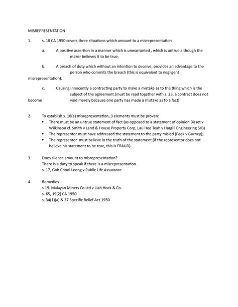 Misrepresentation NOTES ON MISREP MISREPRESENTATION S 18 CA 1950 Covers Three Situations