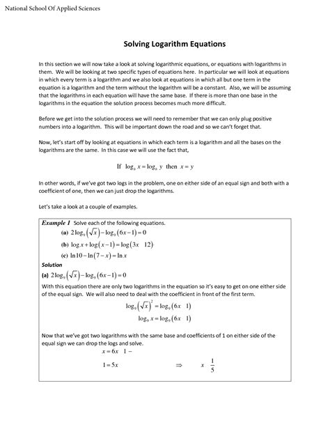 Solution Solving Logarithm Equations Notes And Solved Exercices
