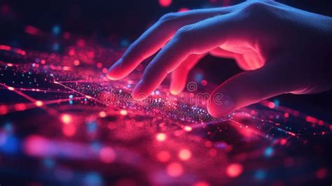 Futuristic Hand Interacting With Digital Interface And Neon Lights Stock Illustration