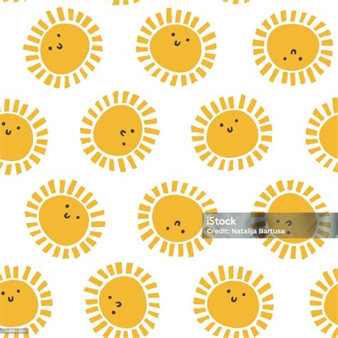 귀여운 미소 짓는 노란색 태양 원활한 패턴입니다 유치한 재미있는 여름 벡터 그림입니다 낙서 스타일의 반복 가능한 맑은 질감 패브릭 종이 디자인 베이비 패션 디자인 0명에