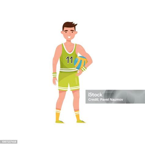 남자 배구 선수 공 액티브 스포츠 라이프 스타일 개념 벡터 그림 흰색 배경에 유니폼에서 전문 스포츠맨 문자 가득 찬에 대한 스톡