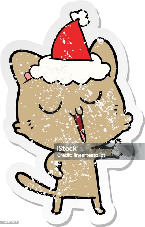 산타 모자를 쓰고 노래하는 고양이의 손으로 그린 고민 스티커 만화 0명에 대한 스톡 벡터 아트 및 기타 이미지 0명 고양이 새끼 그런지 이미지 기법 Istock