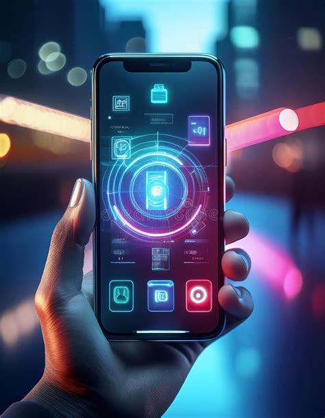 A Hand Holds A Smartphone Displaying A Futuristic Interface With Glowing App Icons And A Digital