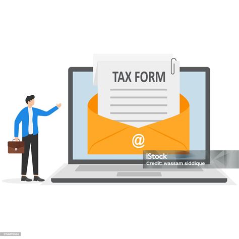 온라인 세금 모니터 화면에 문서가 있는 메일을 보냅니다 세금 보고서 작성 및 제출 금융 온라인 기술 사업가 캐릭터 상사와 회계사 편평한 벡터 삽화 개념에 대한 스톡 벡터