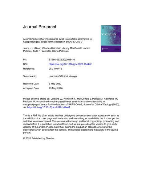 Pdf A Combined Oropharyngealnares Swab Is A Suitable Alternative To Nasopharyngeal Swabs For