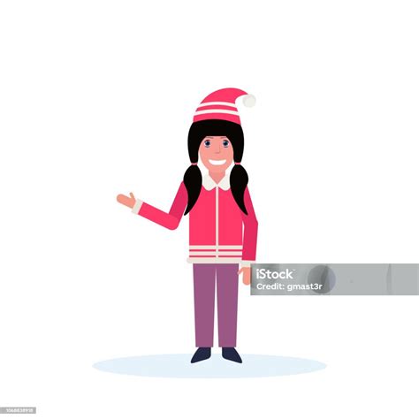 여 자가 뭔가 행복 한 새 해 메리 크리스마스 개념 여성 만화 캐릭터 전체 길이 절연을 가리키는 12월에 대한 스톡 벡터 아트