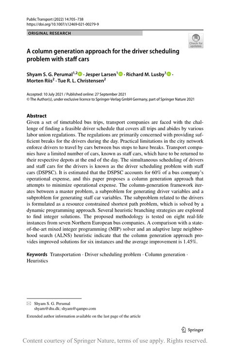 A Column Generation Approach For The Driver Scheduling Problem With Staff Cars Request Pdf