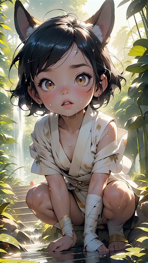 정글에 웅크리고 있는 고양이 귀를 가진 애니메이션 소녀 Seaart Ai