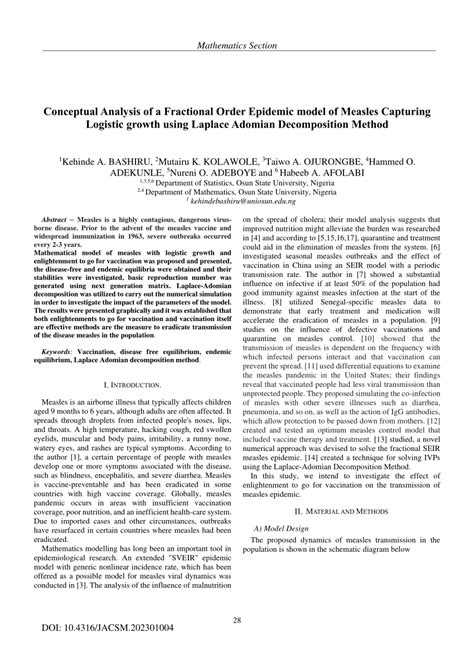 Pdf Conceptual Analysis Of A Fractional Order Epidemic Model Of Measles Capturing Logistic