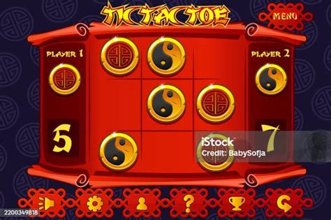 중국어 테마의 Tic Tac Toe 게임 Ui 중국어 아이콘 음양과 행운의 동전 게임 개발 Ui를 위한 보드 로직 게임 벡터 전략 게임 Noughts And Crosses