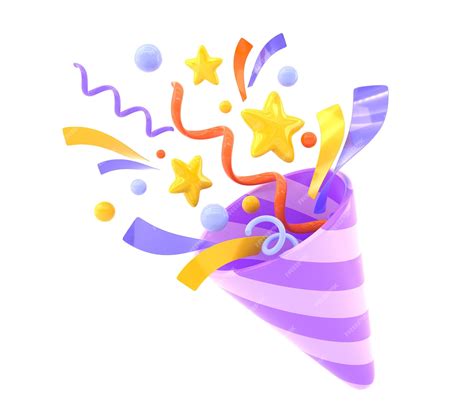 생일이나 새해를 위한 비행 색종이가 있는 3d 축제 폭죽 리본 나선의 폭발과 함께 화려한 파티 포퍼 황금 별과 분야 격리 만화