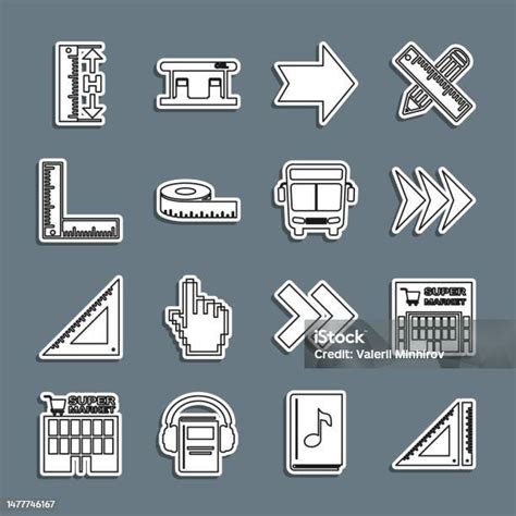 세트 라인 삼각형 눈금자 슈퍼마켓 건물 화살표 줄자 접기 높이와 길이 측정 및 버스 아이콘 벡터 개념에 대한 스톡 벡터 아트 및 기타 이미지 Istock