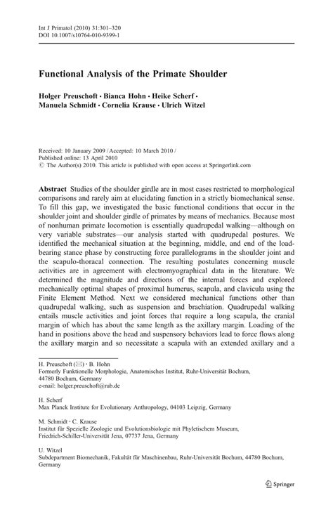 Pdf Functional Analysis Of The Primate Shoulder
