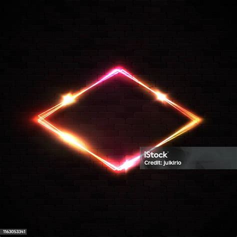 검은 벽돌 벽에 빨간 네온 마름모 배경입니다 네온 효과와 복고풍 빛 마름모꼴 기호 기술 다이아몬드 테두리 나이트 클럽 카지노 디자인 템플릿입니다 80 년대 스타일 전기