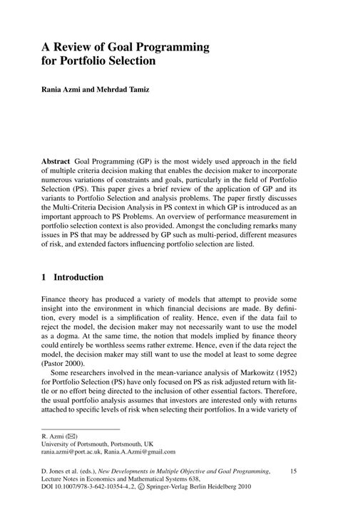 Pdf A Review Of Goal Programming For Portfolio Selection