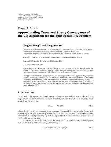 PDF Approximating Curve And Strong Convergence Of The CQ Algorithm For The Split Feasibility