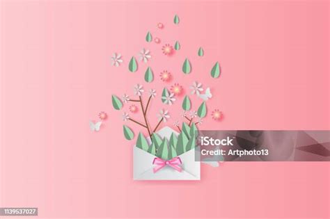 배치 된 텍스트 배경에 봄 잎과 꽃 장식의 그림 종이 컷 및 공예 봄 스타일의 파스텔 색상 종이 편지 또는 봉투 개념 종이 아트 스타일 달콤한 벡터에 의해 디자인 파스텔에