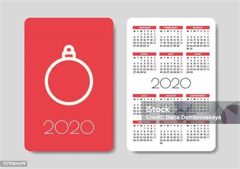 크리스마스 공 포켓 캘린더 2020 겨울 휴일 그림과 함께 새해 복 많이 받으세요 현대 벡터 디자인 템플릿입니다 주 월요일에 시작됩니다 12월 31일에 대한 스톡 벡터 아트