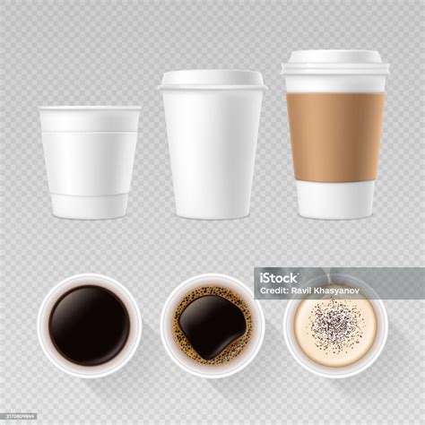 현실적인 종이 공예품 세트와 플라스틱 일회용 테이크 아웃 커피 컵의 상단과 측면보기 뜨거운 아메리카노 에스프레소 카푸치노 라떼 한 잔의 모형을 위한 디자인 요소 3차원