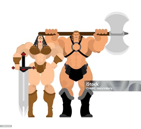 야만인 전사 몇 여자와 남자입니다 미쳐 가족 강력입니다 합니다 강력한 중세 용 병 군인 여자 및 남자 검에 대한 스톡 벡터 아트