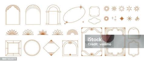 간단한 선형 스타일의 디자인 요소 및 일러스트레이션 벡터 세트 Boho 아치 및 테두리 로고 디자인 요소 및 소셜 미디어 스토리 및 게시물 인쇄물 및 포스터 요소에 대한