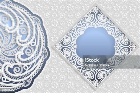 결혼식 인사말 또는 초대장 템플릿 3d 만다라 레이스 가장자리 릴리프 패턴으로 표면와 사각 프레임 바닥에 꽃 배경입니다 프레임에 비문에 장소 벡터입니다 0명에 대한 스톡