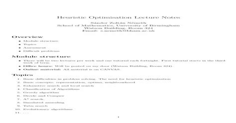 Pdf Heuristicoptimisationlecturenotes University Of Birminghamweb
