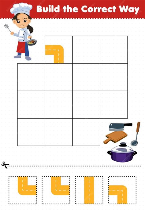 어린이를 위한 교육 게임은 귀여운 만화 요리사가 칼 도마 국자 냄비 인쇄 가능한 도구 워크시트로 이동하는 데 도움이 되는 올바른 방법을 구축합니다 프리미엄 벡터