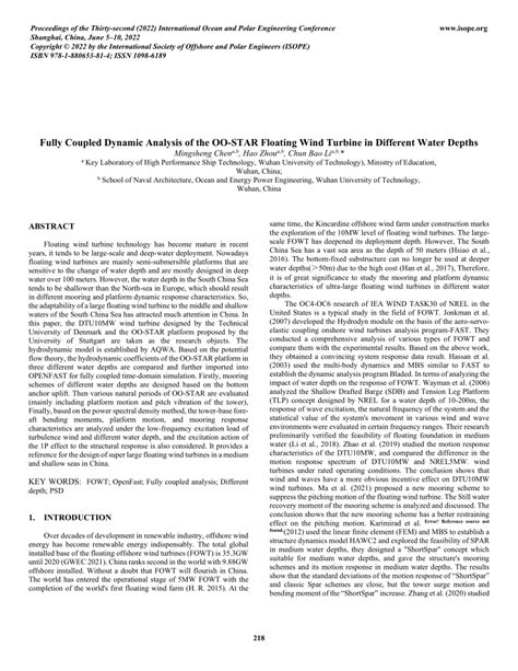 Pdf Fully Coupled Dynamic Analysis Of The Oo Star Floating Wind Turbine In Different Water Depths