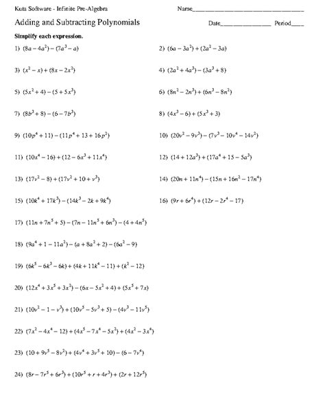 Adding Subtracting Polynomials Kuta Software Infinite Pre Algebra