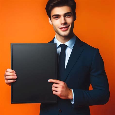 A Man In A Suit Holding A Black Tablet Premium Ai Generated Image