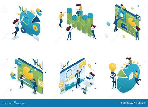 Set Of Isometric Concepts On The Theme Data Analysis And Chart For Research For Landing Page