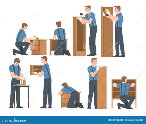 Man Assembling And Installing Wooden Nightstand Manual Furniture Assembly Vector Illustration