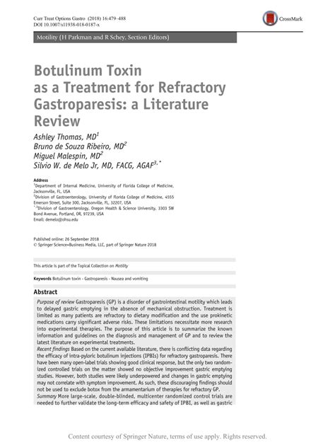 Botulinum Toxin As A Treatment For Refractory Gastroparesis A Literature Review Request Pdf