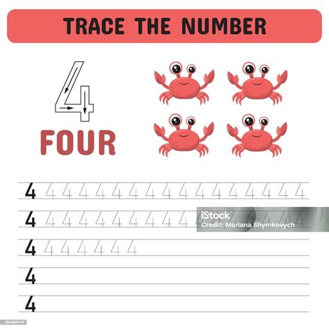번호를 추적합니다 숫자 및 필기 연습 활동을 학습하기 위한 유치원 유치원 및 몬테소리 어린이를 위한 추적 번호 4 워크시트 교육