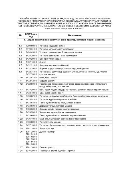 Гаалийн татвараас хөнгөлөх НӨАТ аас чөлөөлөх ХАА н тоног төхөөрөмжийн жагсаалтыг баталлаа