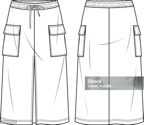 허리 밴드 패션 Cad와 벡터 유틸리티 스타일 미디 스커트 사이드 포켓 스케치 템플릿 플랫 기술 도면과 여성 긴 스커트 저지