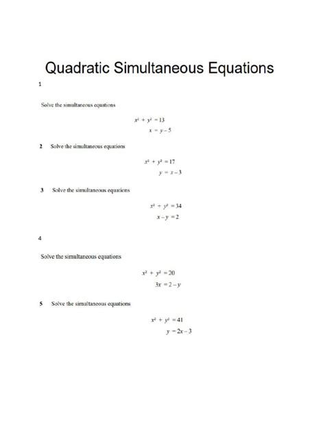 Quadratic Simultaneous Equations Pdf