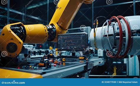 Software Engineer Explaining To Controlling Robotic Welding Process To Welder In Factory Stock