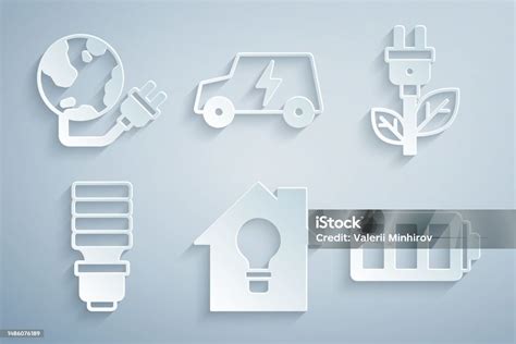 스마트 하우스와 전구 전기 절약 플러그 인 리프 Led 배터리 자동차 및 글로벌 에너지 전력 행성 아이콘을 설정합니다 벡터 3차원 형태에 대한 스톡 벡터 아트 및 기타
