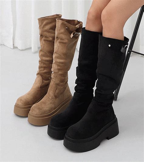 ⚡당일출고⚡ 셔링길이조절🤎 스웨이드라운드업토 플랫폼 청키 통굽 니하이 롱부츠 미들부츠 가을 겨울 봄 L 12079 에이블리