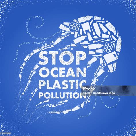 해양 플라스틱 오염을 중지 합니다 흰색 플라스틱 폐기물 가방 파란색 배경에 병으로 구성 된 생태 포스터 해파리 플라스틱 문제