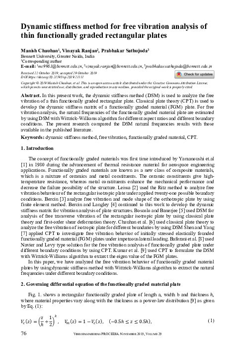 Pdf Dynamic Stiffness Method For Free Vibration Analysis Of Thin Functionally Graded