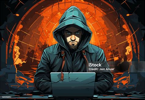 Illustration Of Man Or Hacker With Hoodie Using Computer Laptop Cybersecurity Chaos Background