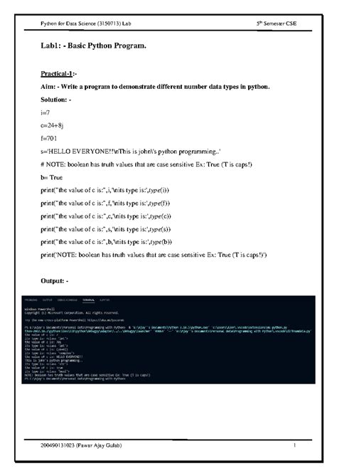 PDS AllPracticals Lab1 Basic Python Program Practical 1 Aim