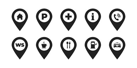 핀 위치 마커 매핑 포인터 주차 병원 전화 레스토랑 집을 설정하십시오 탐색 포인터 벡터 아이콘입니다 지도 핀 10 Eps 주차 활동에 대한 스톡 벡터 아트 및 기타 이미지