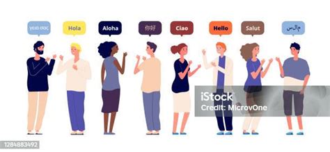 모국어로 인사 국제 다민족 친구들이 인사를 합니다 외국어 여성 남성은 서로 의문 벡터 개념 다국어에 대한 스톡 벡터 아트 및 기타 이미지 Istock